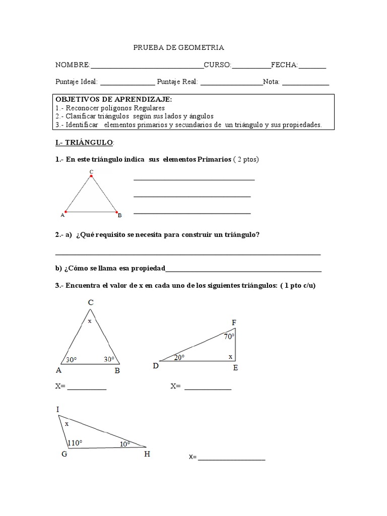 PRUEBA DE Triangulos 7º Año | PDF | Triángulo | Ángulo