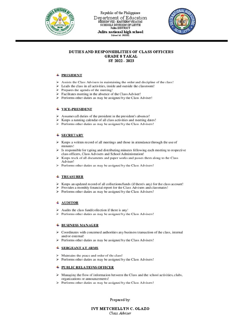 Duties & Responsibilities of Class Officers | PDF | Self-Improvement