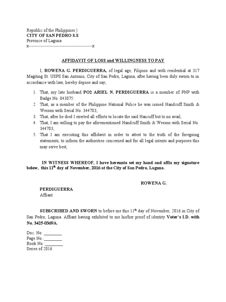 Affidavit of Loss: Handcuff Payment | PDF | Mystery, Thriller & Crime ...