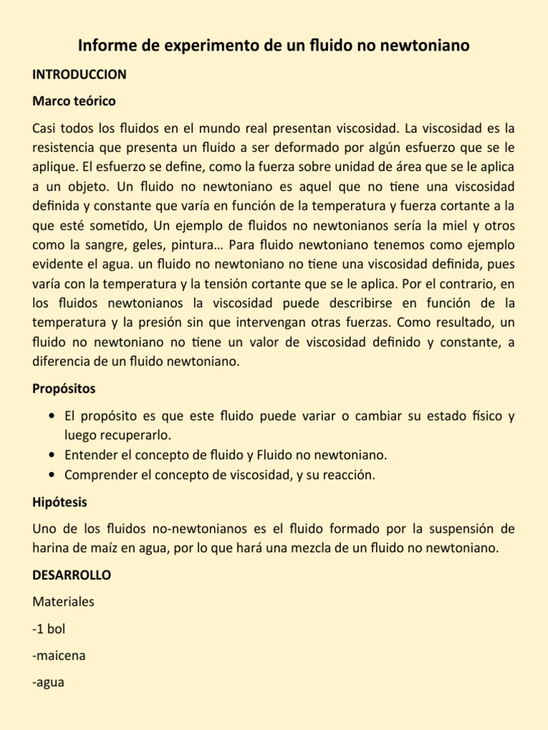 Informe de Experimento de Un Fluido No Newtoniano | PDF | Viscosidad | Dinámica (Mecánica)