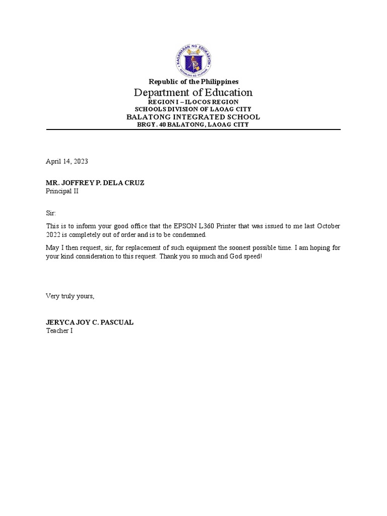 Letter - Equipment To Be Condemned | PDF