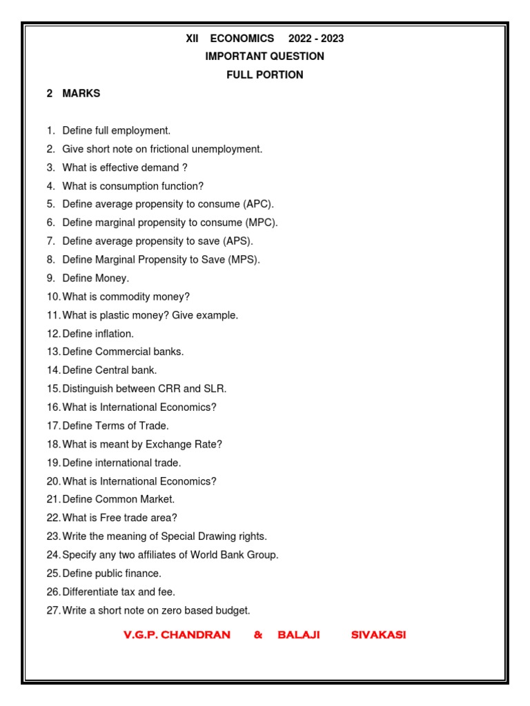 12th ECONOMICS Important Questions | PDF | Economics | Macroeconomics