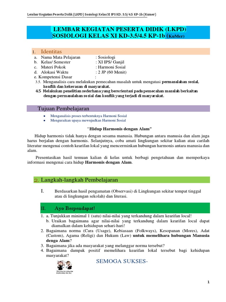 Sosiologi Kelas XI KD 3.5 KP-1 LKPD-1b KuMer | PDF