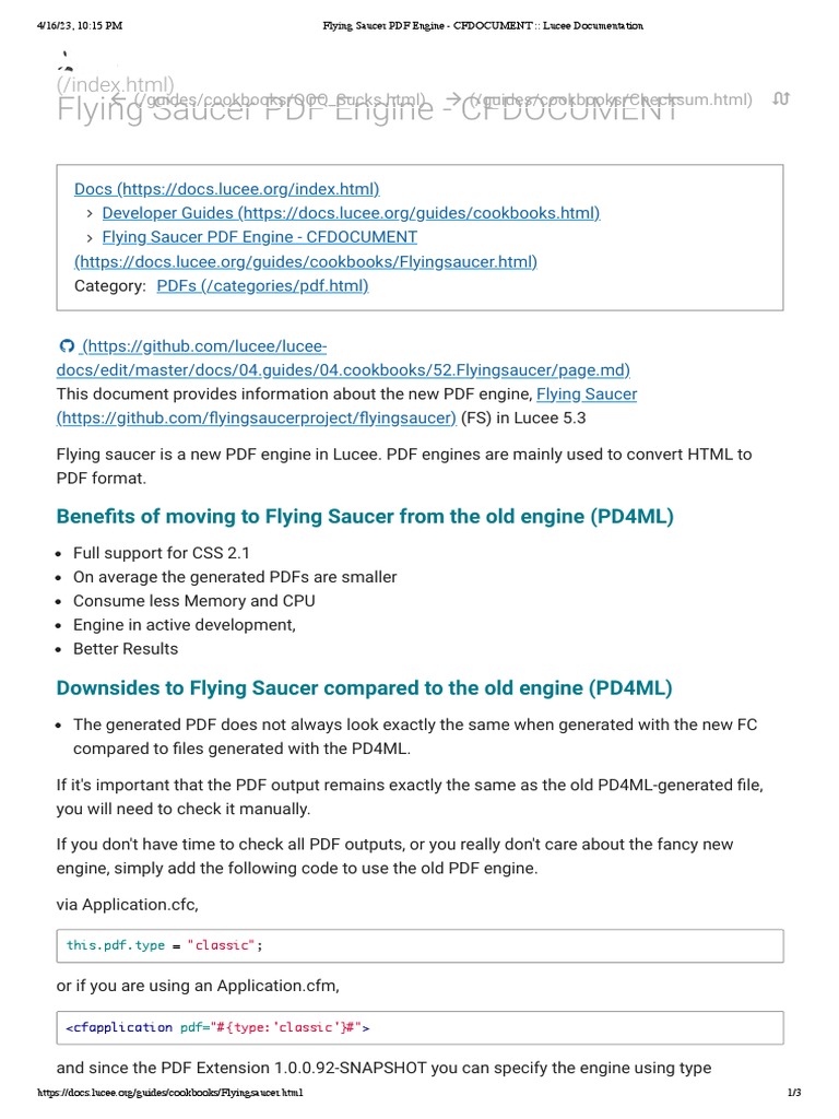 Flying Saucer PDF Engine - CFDOCUMENT - Lucee Documentation | PDF | Computing | Software Development