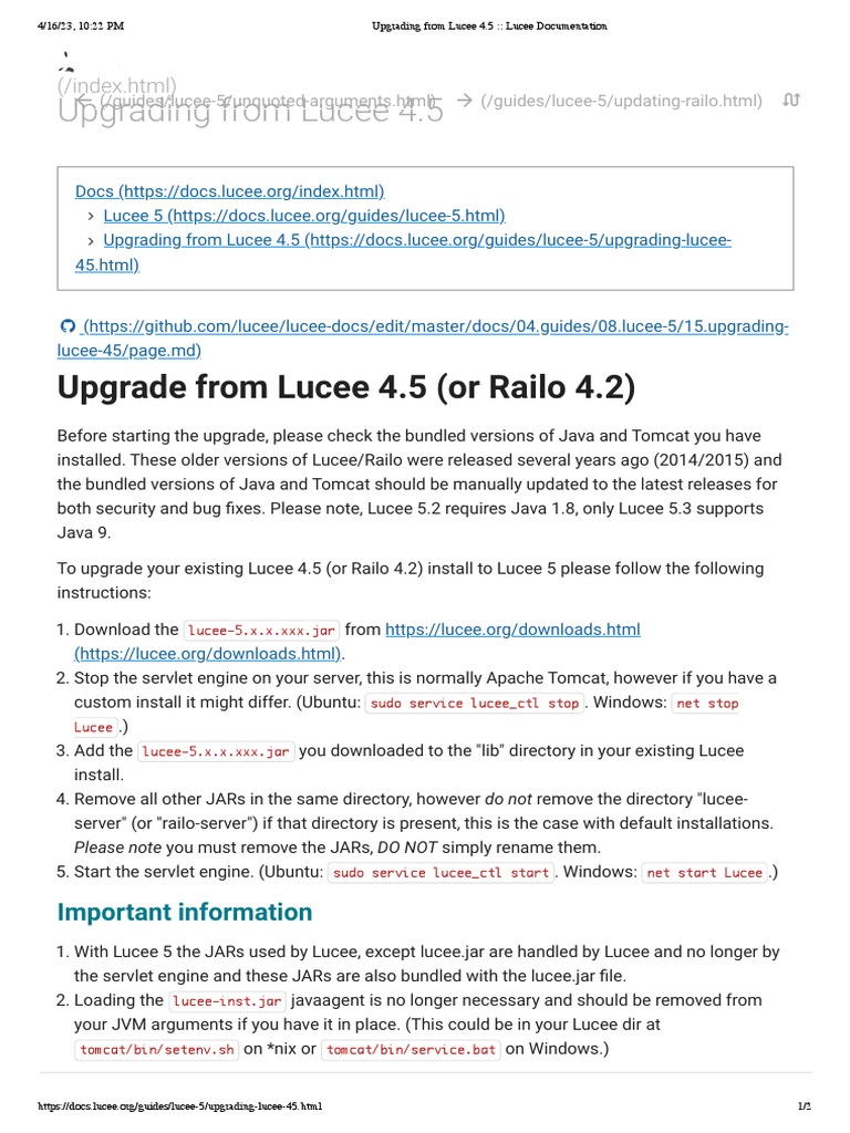 Upgrading From Lucee 4.5 - Lucee Documentation | PDF | Java (Programming Language) | Computing