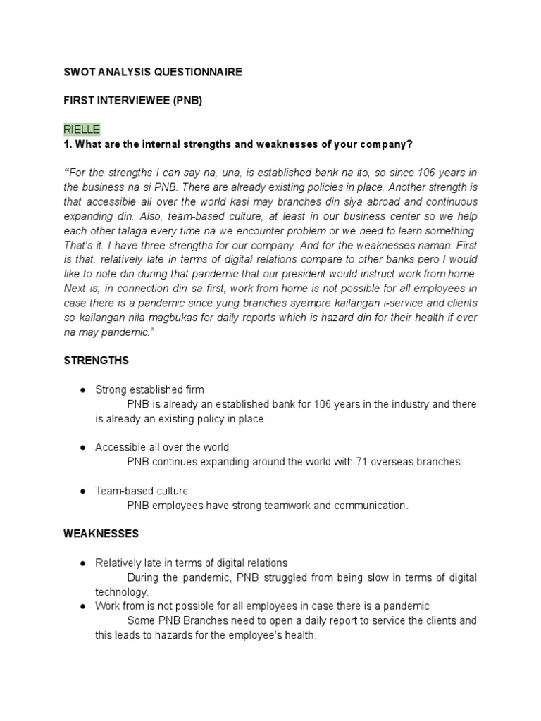 Swot Analysis Questionnaire First Interviewee (PNB) | PDF | Banks ...
