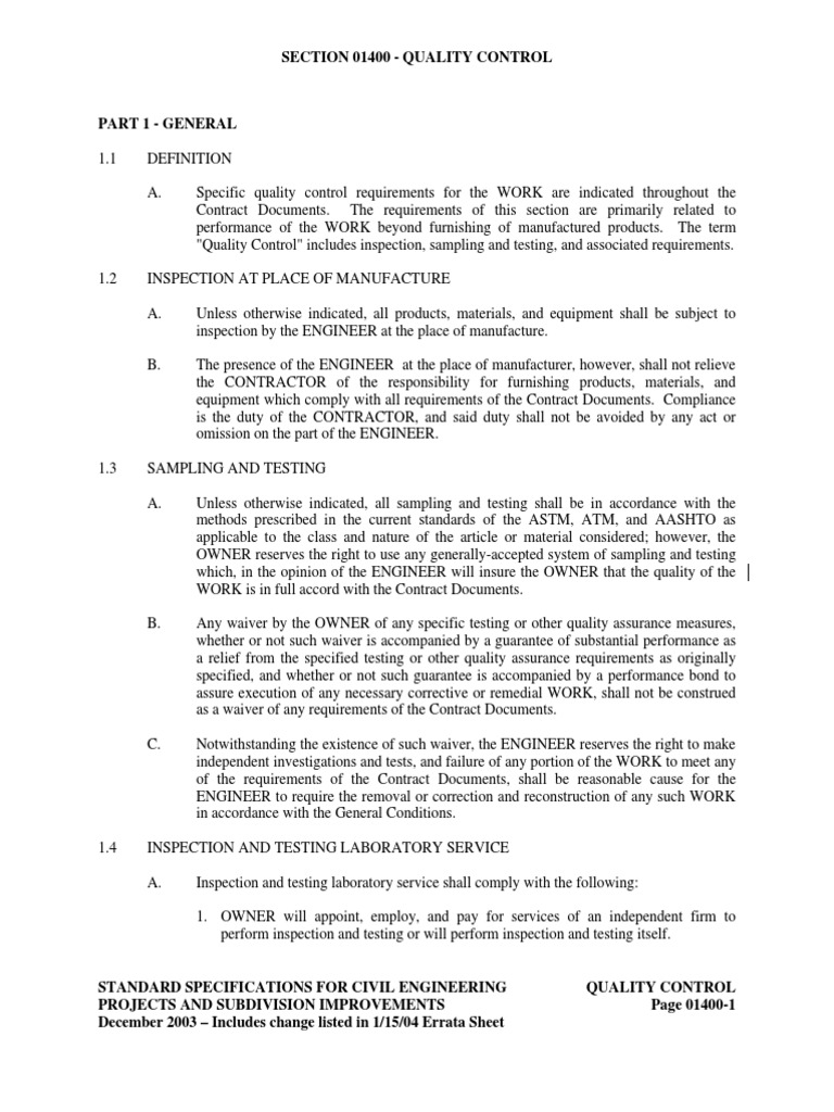 Civil Engineering Quality Control Standards | PDF | General Contractor ...