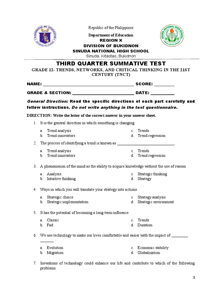 Q3 TNCT Test Questions | PDF | Intuition | Strategic Planning
