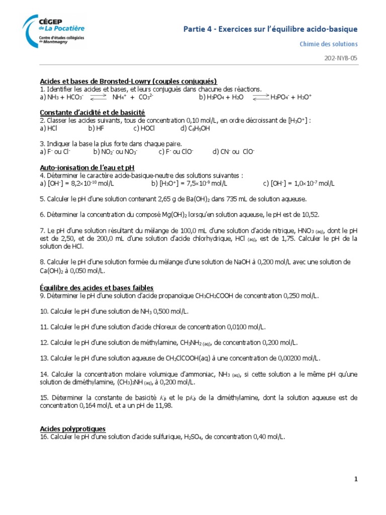 Exercices sur l'équilibre acido-basique | PDF | Ph | Ammonium
