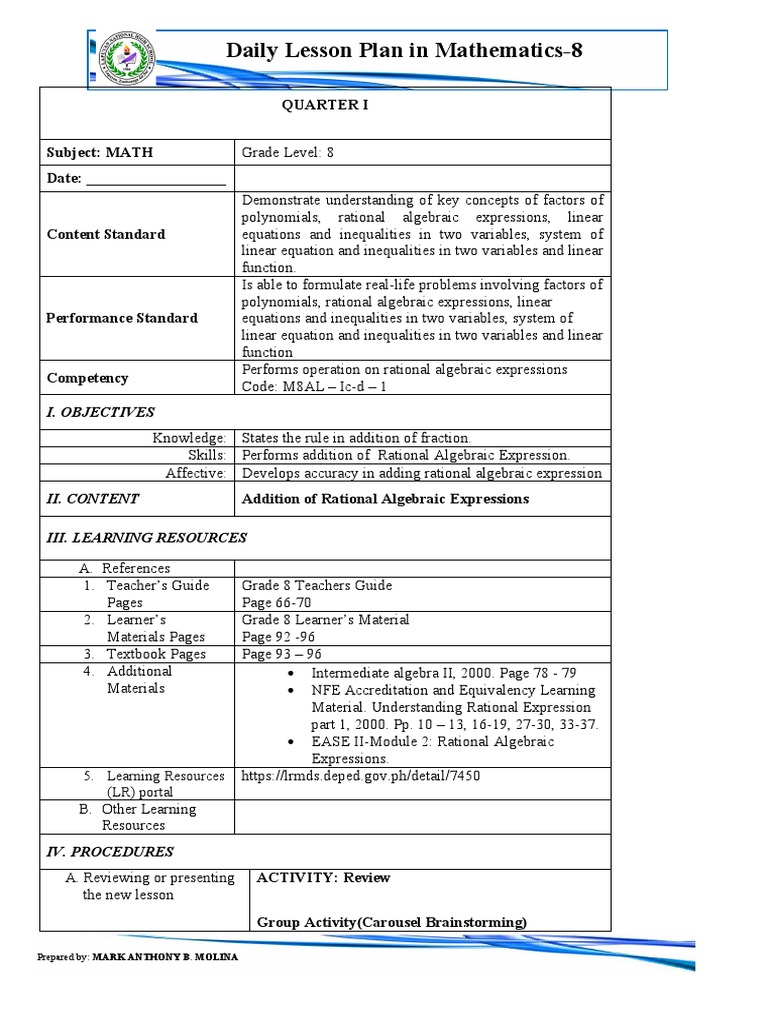 DLP-8 Week 4 Day 1 | PDF | Algebra | Elementary Mathematics