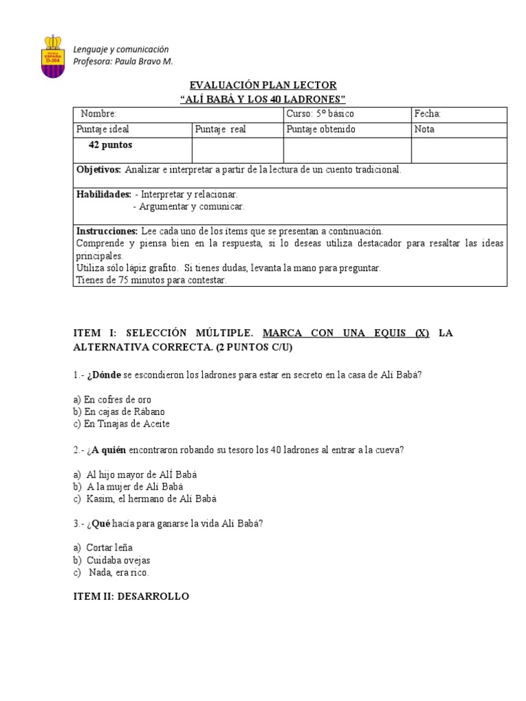 1era EVALUACIÓN PLAN LECTOR 5° Básico | PDF