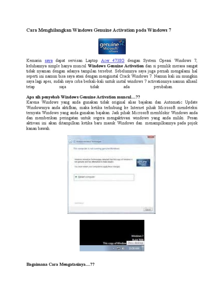 Cara Menghilangkan Windows Genuine Activation Pada Windows 7 | PDF
