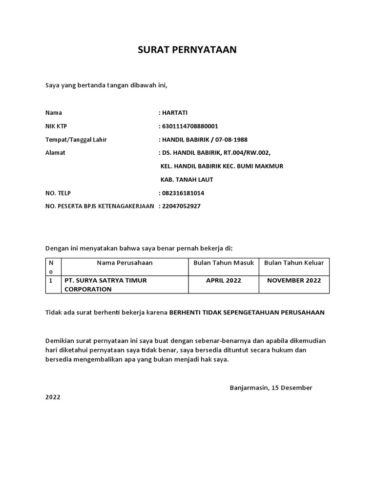 SURAT PERNYATAAN Paklaring | PDF
