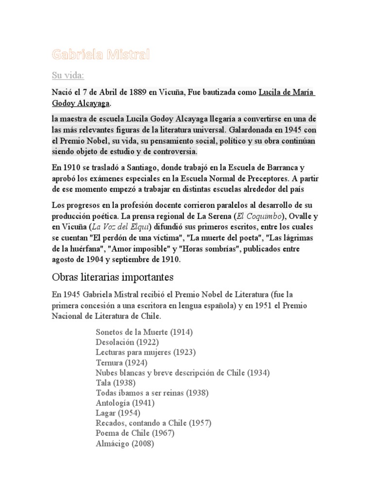 Gabriela Mistral Su Vida | PDF