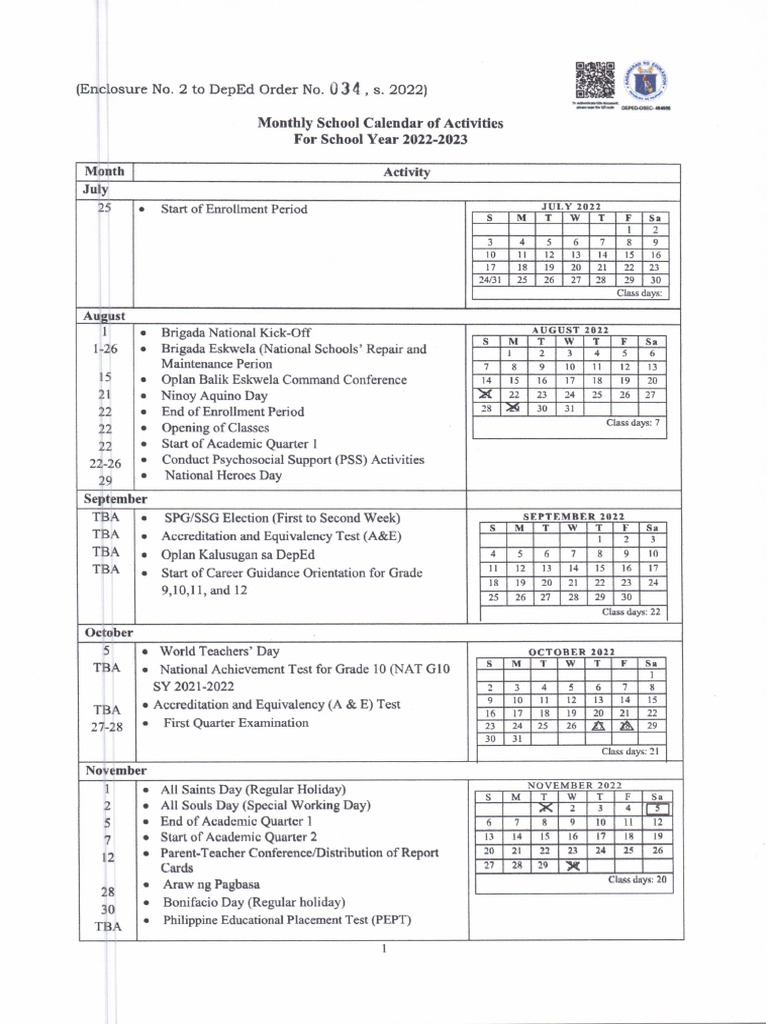 School Calendar S.Y.2022 2023 | PDF