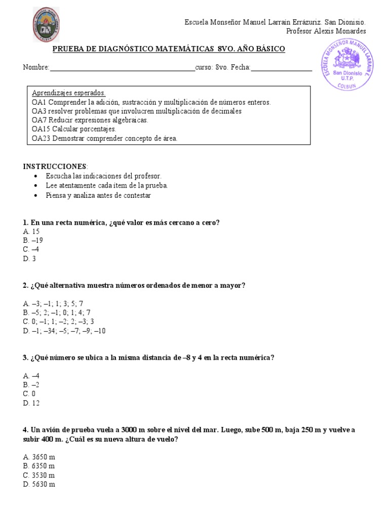 Prueba de Diagnóstico Matemáticas 8vo | PDF | Notación Matemática ...