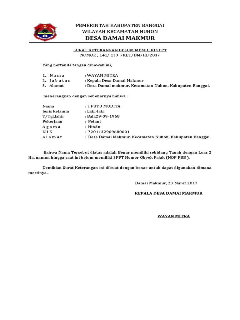 Surat Keterangan Tidak Memiliki SPPT | PDF