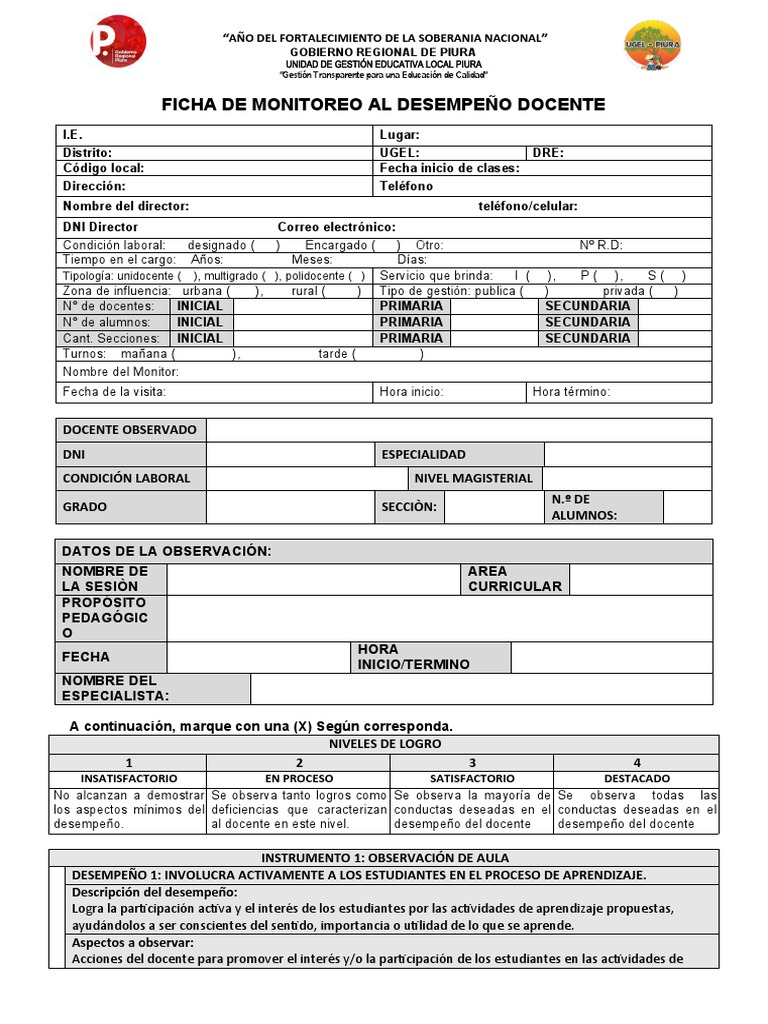 Ficha de Monitoreo Al Desempeño Docente | PDF | Evaluación | Maestros