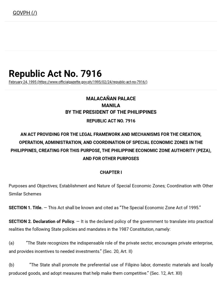 Republic Act No. 7916 - Official Gazette of The Republic of The Philippines | PDF | Employment ...