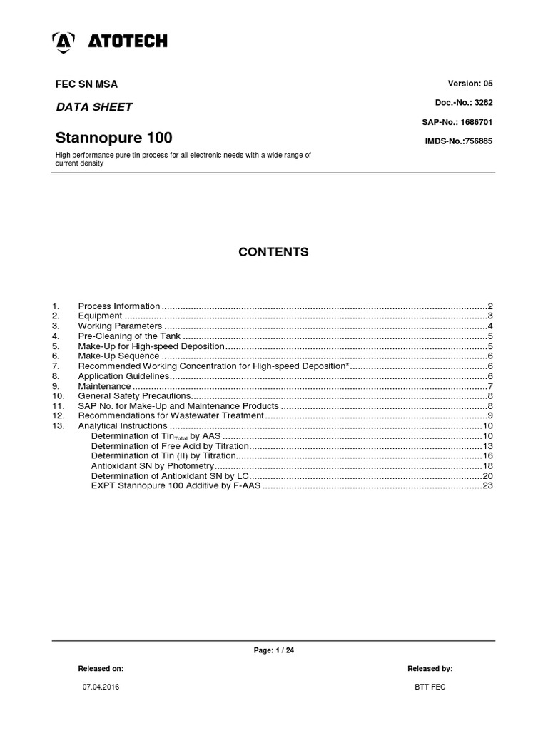 Stannopure 100 Technical Data Sheet | PDF | Chemistry | Titration