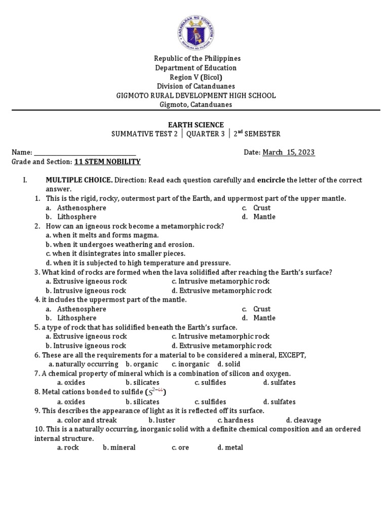 Earth Science Summative Test for Grade 11 | PDF | Rock (Geology ...