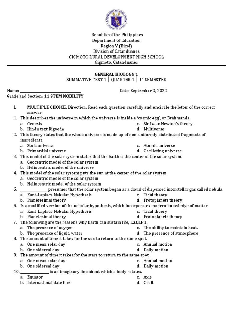 General Biology 1 Summative Test | PDF | Earth | Universe