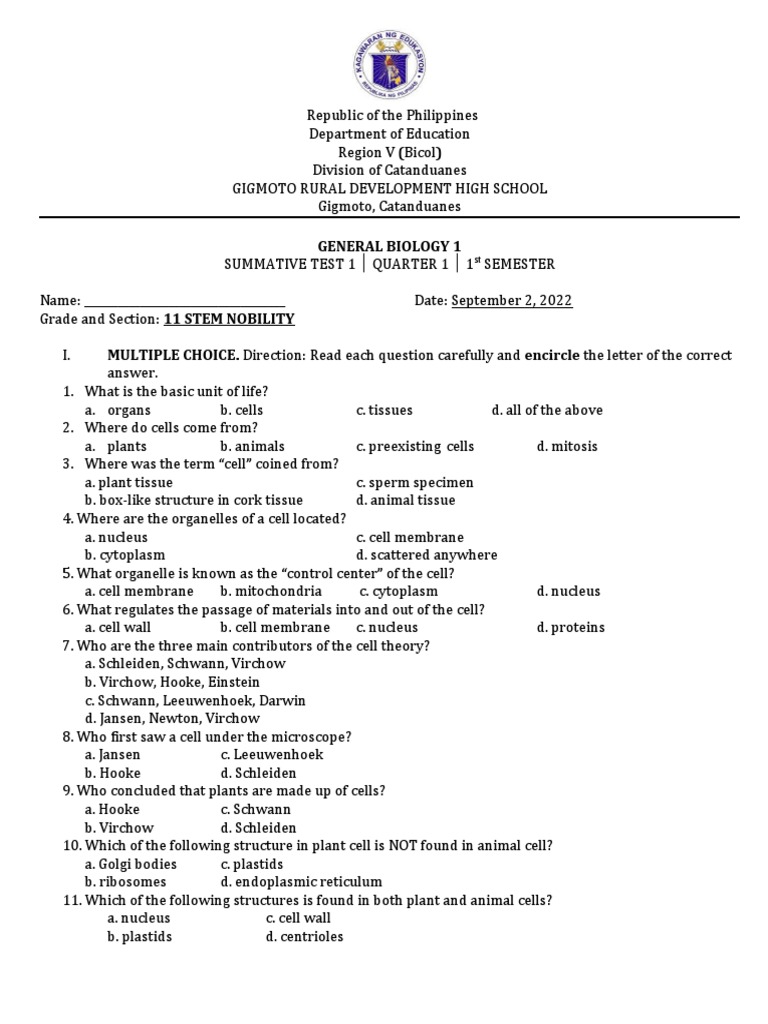 General Biology 1 Q1 Summative Test 1 | PDF | Cell (Biology) | Cytoplasm