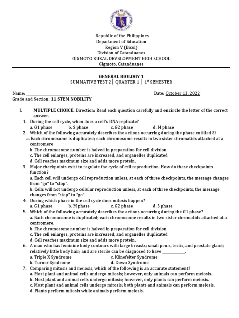 General Biology 1 Q1 Cell Cycle Quiz | PDF | Mitosis | Meiosis