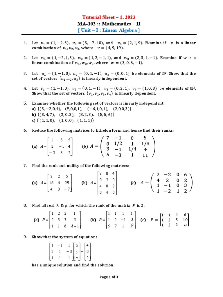 Tutorial-Sheet, Linear Algebra, 2023 | PDF | Eigenvalues And Eigenvectors | Algebra
