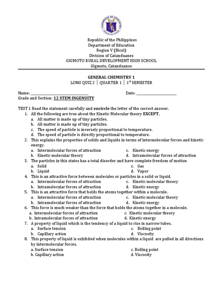 Analysis of a Long Quiz on General Chemistry 1 Fundamentals ...