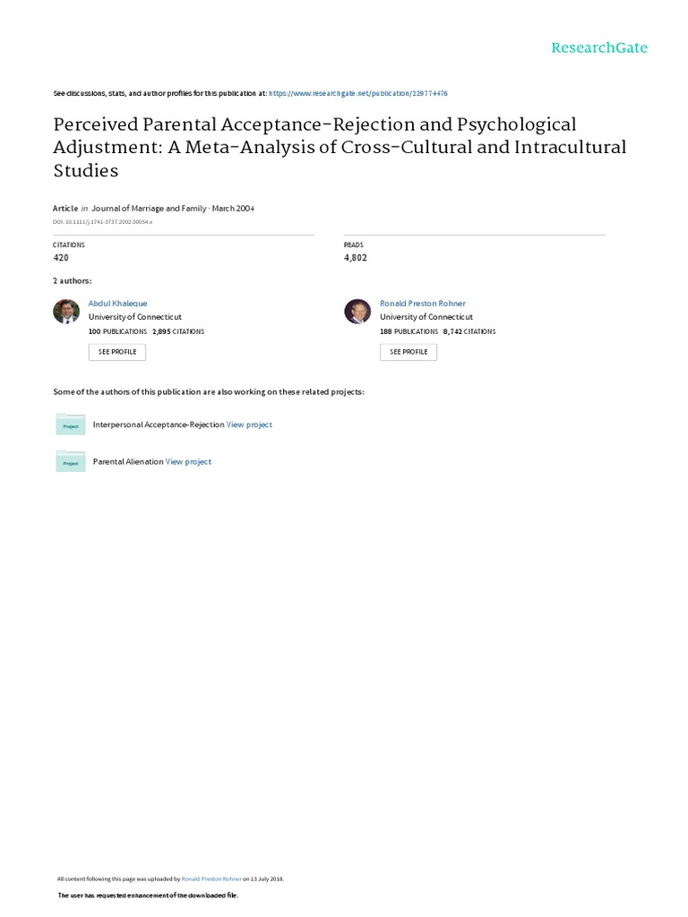 Perceived Parental Acceptance Rejection and Psychological Adjustment: A Meta Analysis of Cross ...