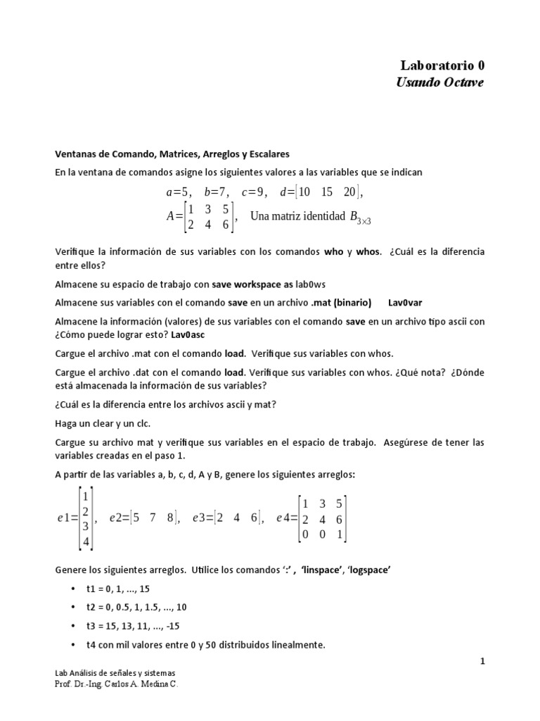 Lab Octave Intro Pdf Matriz Matemáticas Funciones Trigonométricas