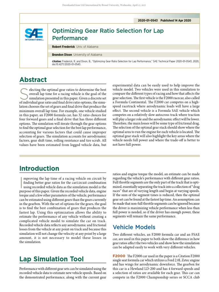 Optimizing Gear Ratio Selection For Lap Performance: Vehicle Models ...