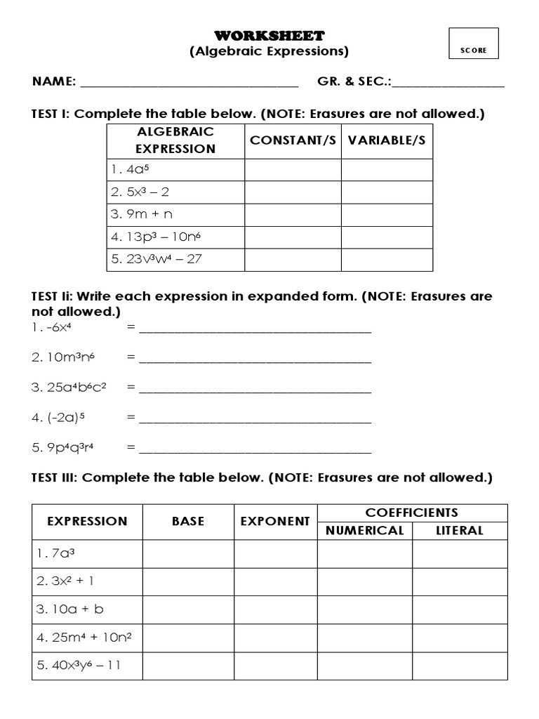 Algebraic Expressions Worksheet Set | PDF | Polynomial | Numbers