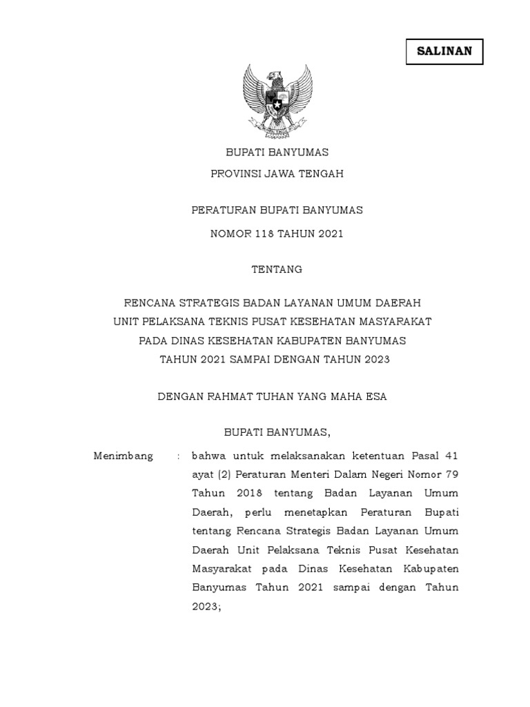 Perbup 118 Tahun 2021 TTG RENSTRA PUSKESMAS | PDF