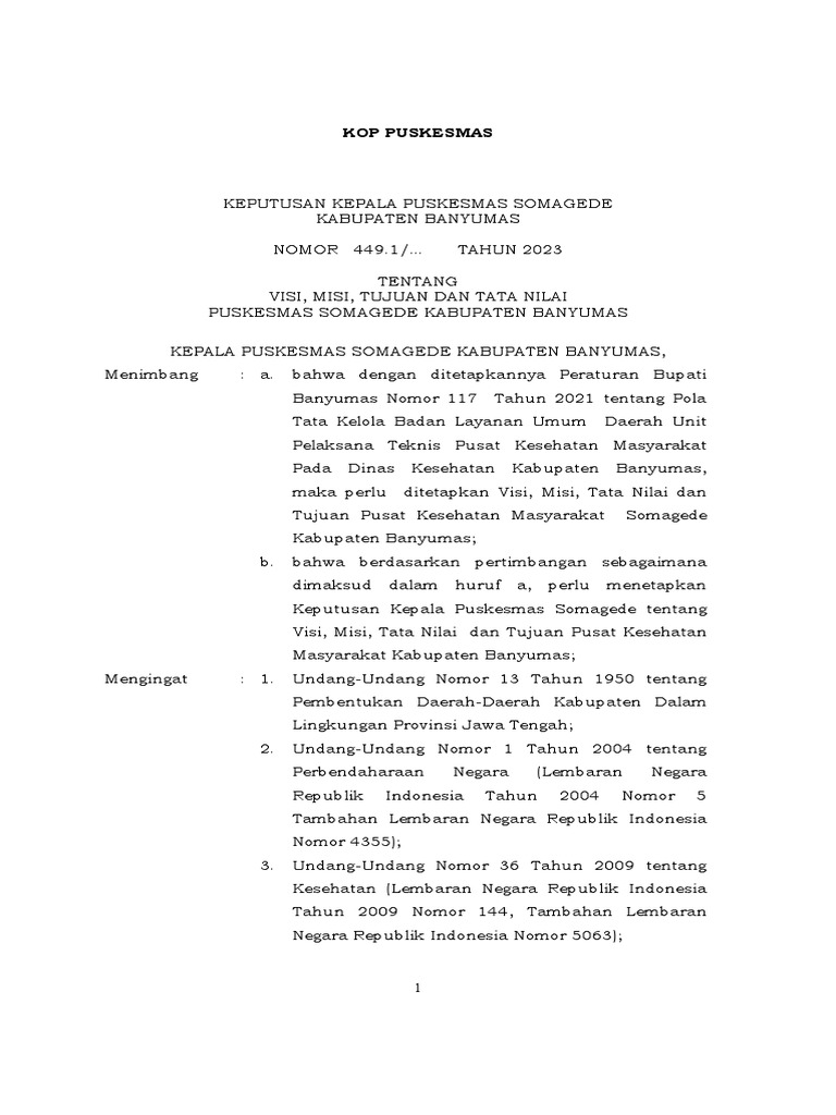 SK Visi Misi Puskesmas - Contoh | PDF