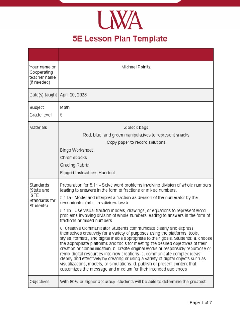 Michael Polnitz 5e Lesson Plan | PDF | Rubric (Academic) | Lesson Plan