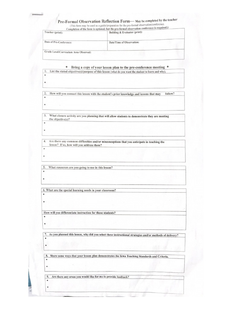 Pre Formal Observation Reflection Form May Be Completed by The Teacher ...