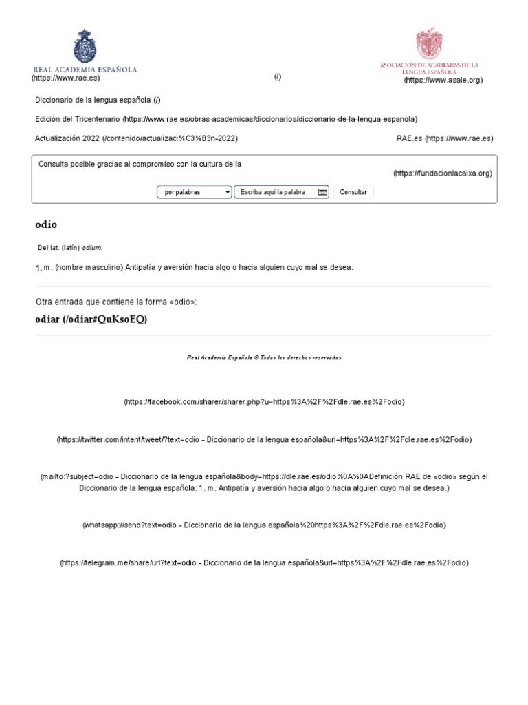 Odio Definición Diccionario De La Lengua Española Rae Asale Pdf Lingüística Idiomas