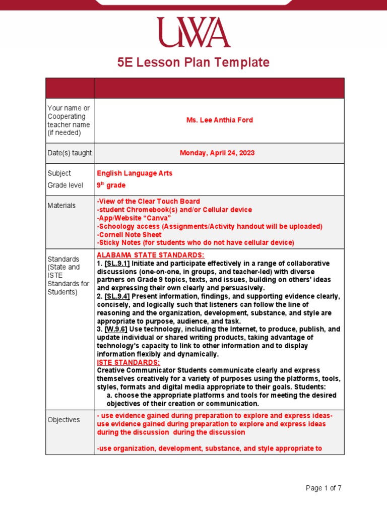 lford 5e lesson plan assignment | PDF | Lesson Plan | Learning