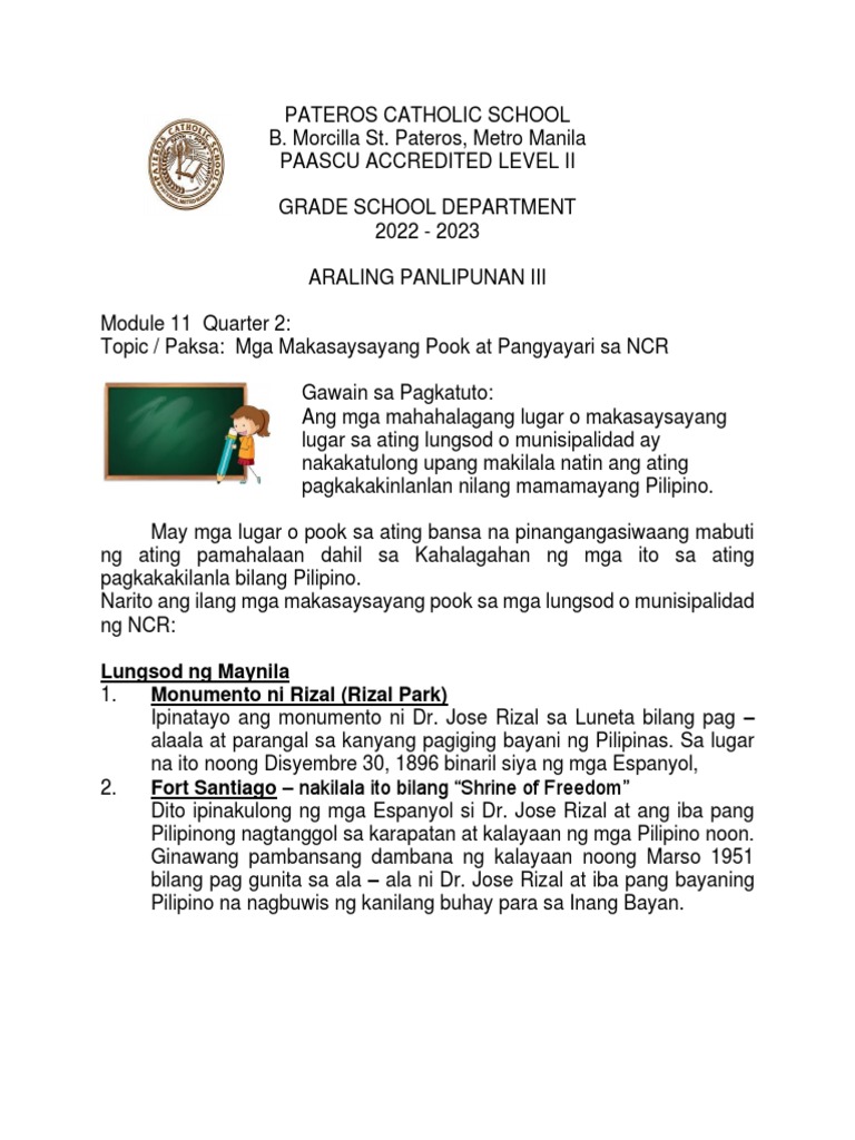 AP Lesson 11 Quarter 3 Mga Makasaysayang Pook Sa NCR | PDF
