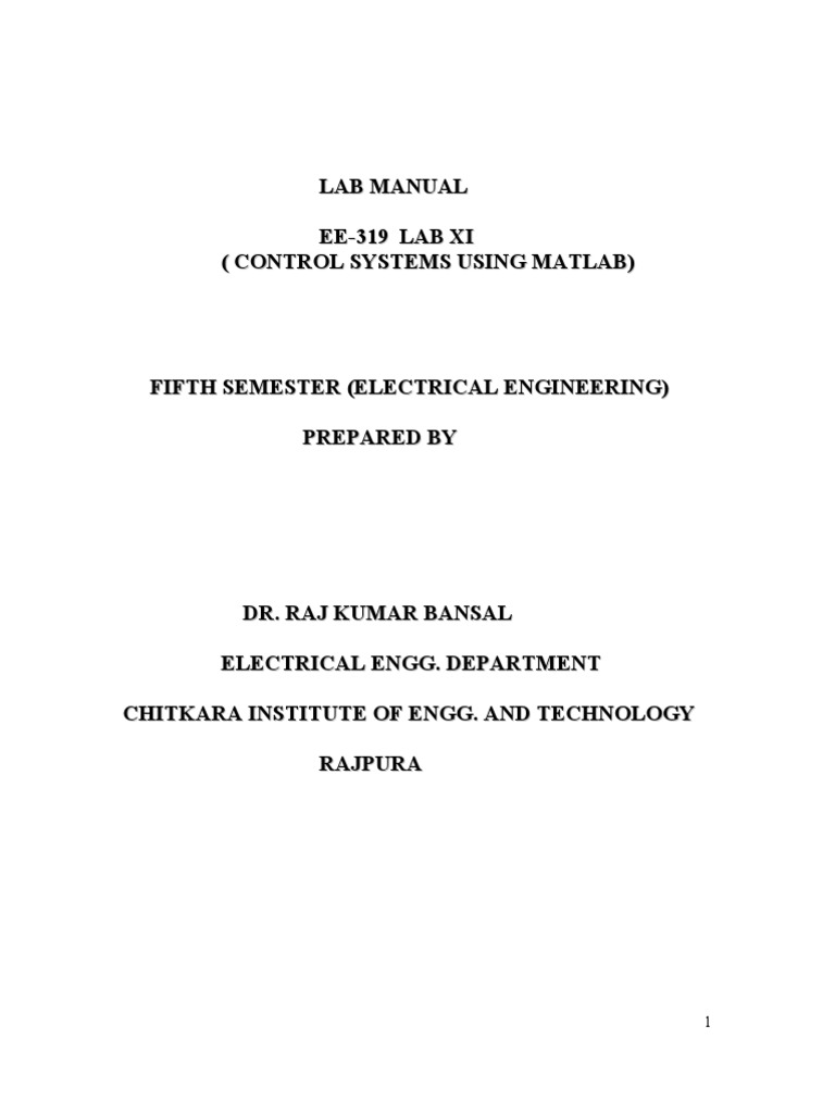 Lab Manual Ee-319 Lab Xi (Control Systems Using Matlab) | PDF | Matrix (Mathematics) | Complex ...