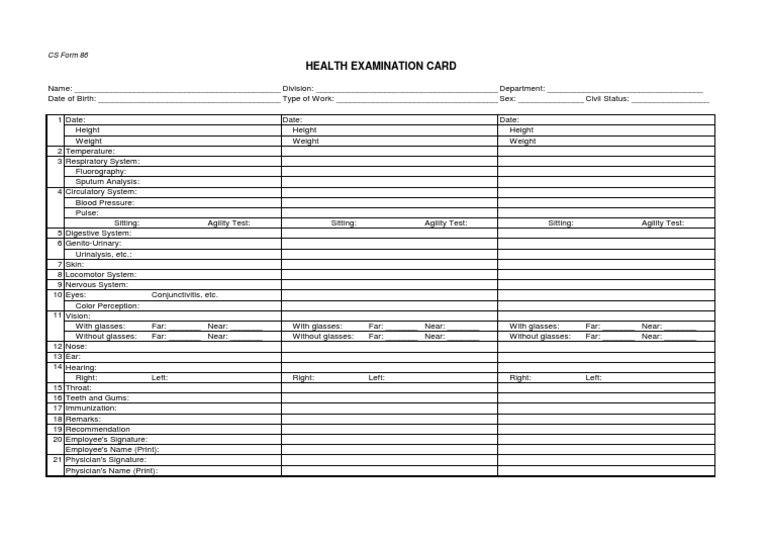 Cs Form No. 86 Health Examination Card | PDF | Medicine | Clinical Medicine