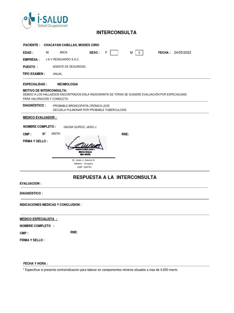 Interconsulta: Dr. Jaiso J. Gauna Q. Médico - Cirujano CMP. 093791 ...