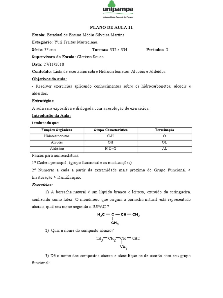 Plano 11 Lista de Exercícios Sobre Hidrocarbonetos, Alcoóis e Aldeídos | PDF