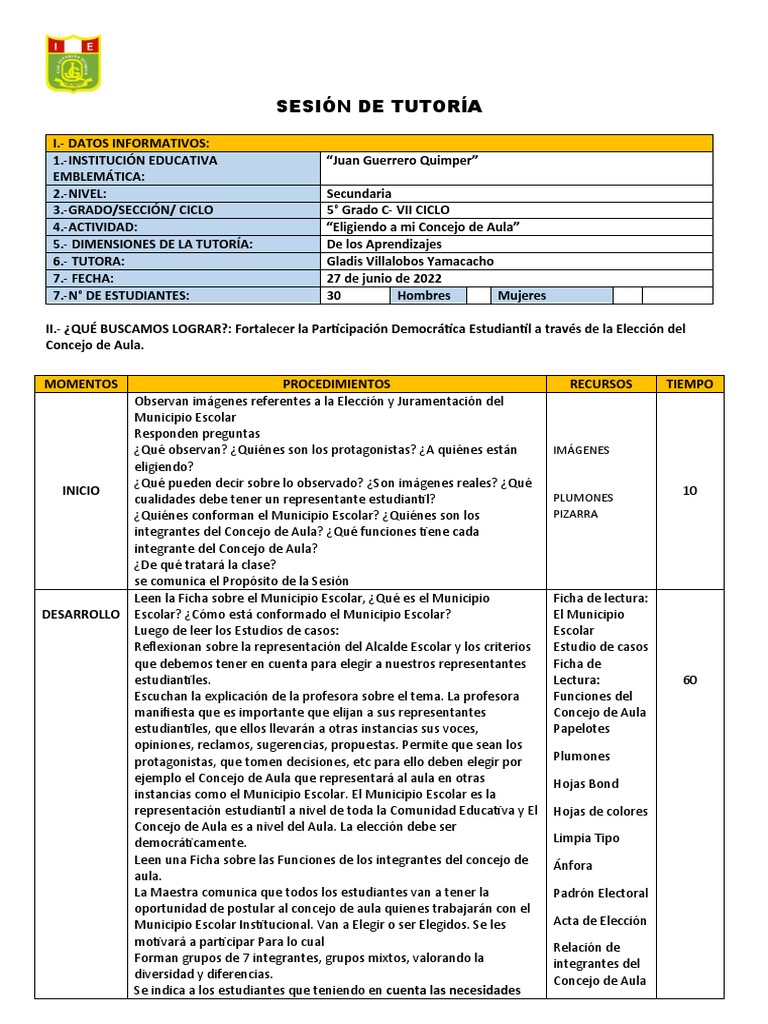 Propuesta de Sesión de Tutoría Del Concejo de Aula | PDF | Salón de clases | Votación
