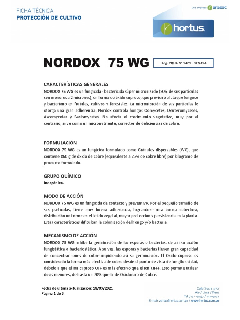 Fungicida Nordox 75 WG: Uso y Seguridad | PDF | Cobre | Las bacterias