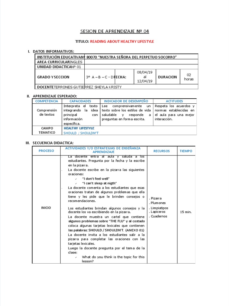 Lectura sobre Estilos de Vida Saludable | PDF | Salón de clases ...