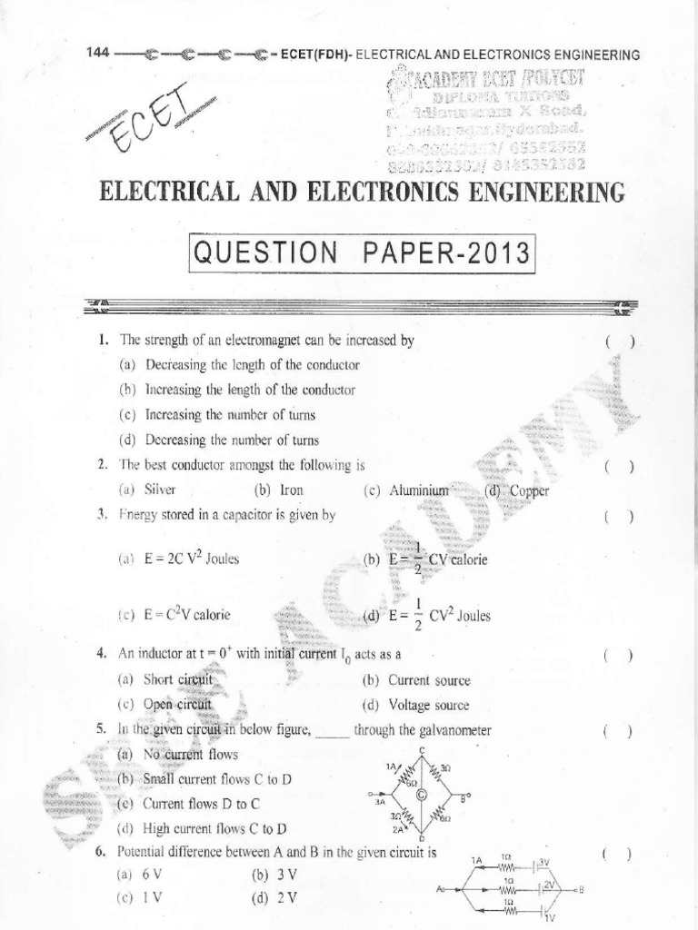 ECET 2013 Electrical and Electronics Engg Question Paper | PDF | Transformer | Materials Science