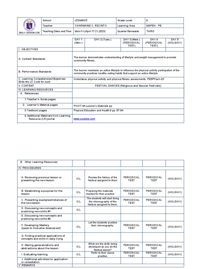 Teaching Dates and Time: Daily Lesson Log | PDF | Learning | Teachers